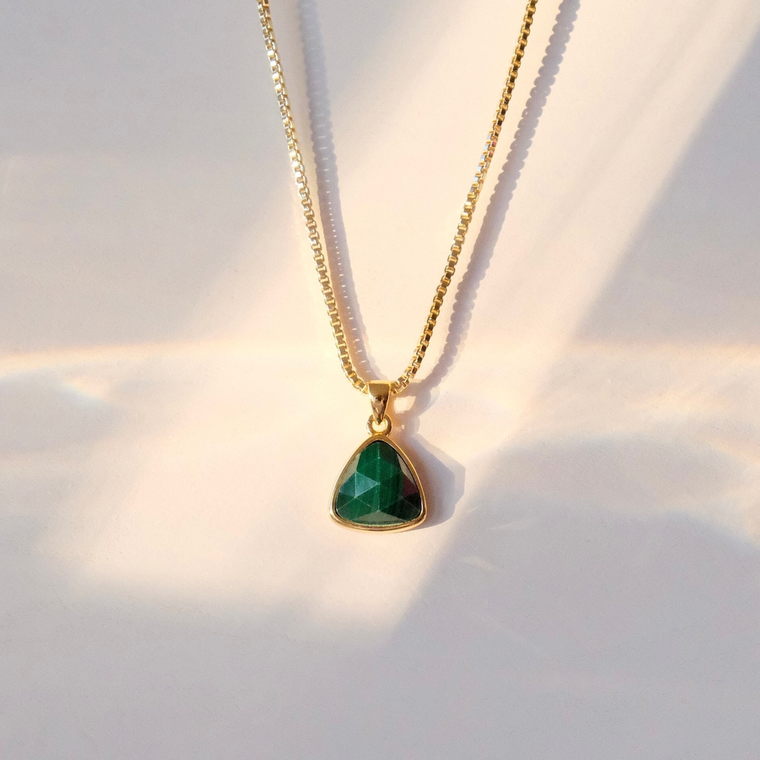 Malachite Dainty Necklace Triangle Malachite Pendant Necklace Crystal ...