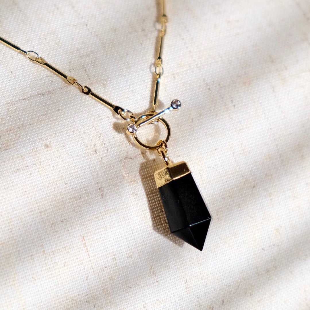 Obsidian Crystal Point Necklace: Gold Toggle Chain, Protection Jewelry ...