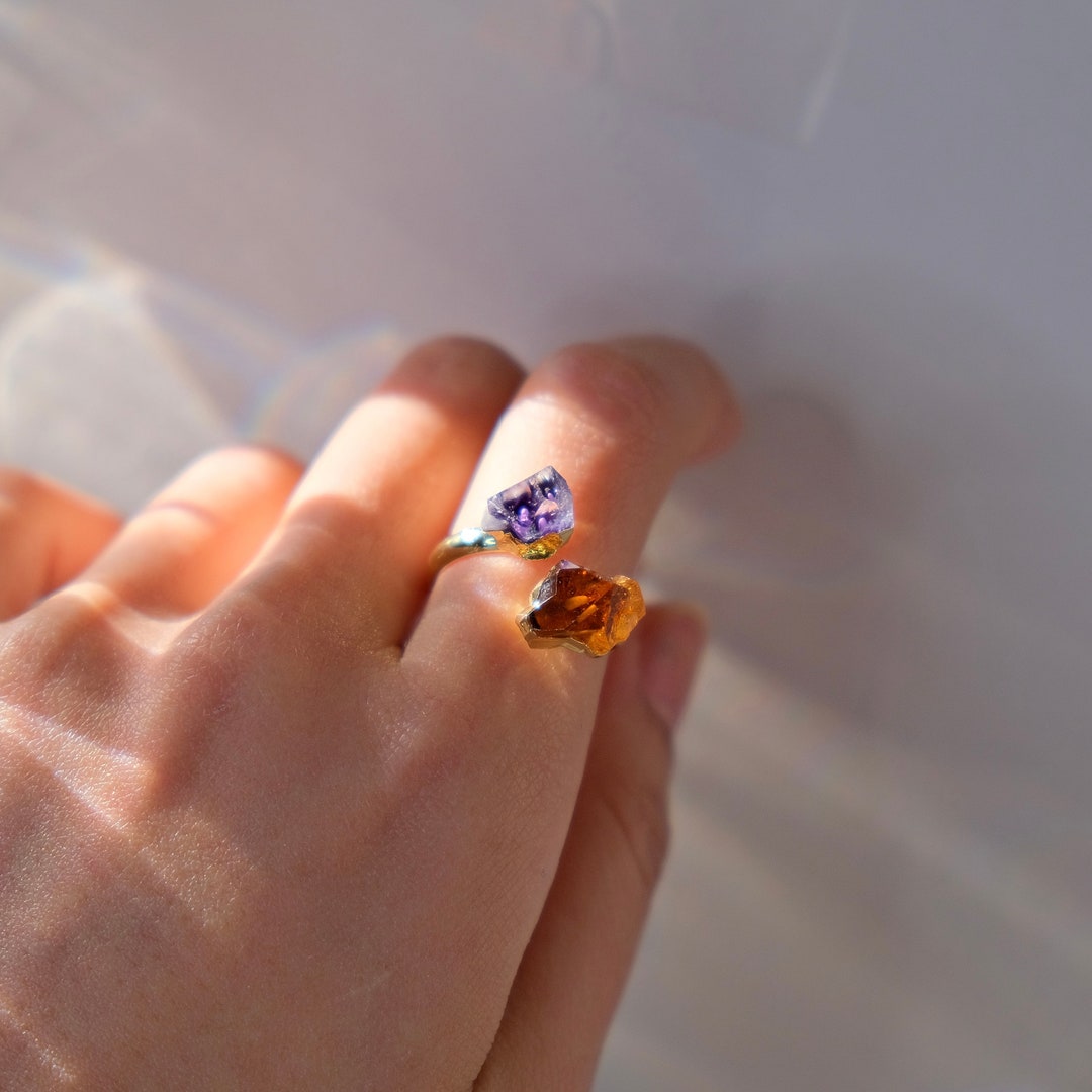 Amethyst & Citrine Ring: Gold Plated Adjustable Crystal Statement Ring ...