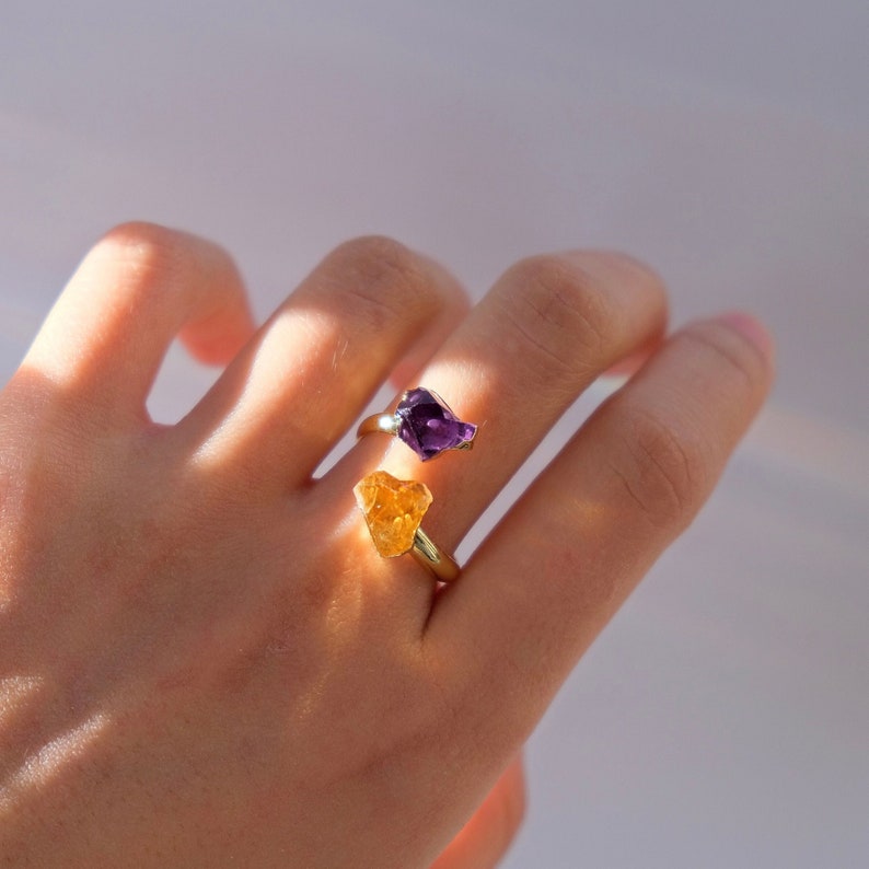 Amethyst & Citrine Ring: Gold Plated Adjustable Crystal Statement Ring ...