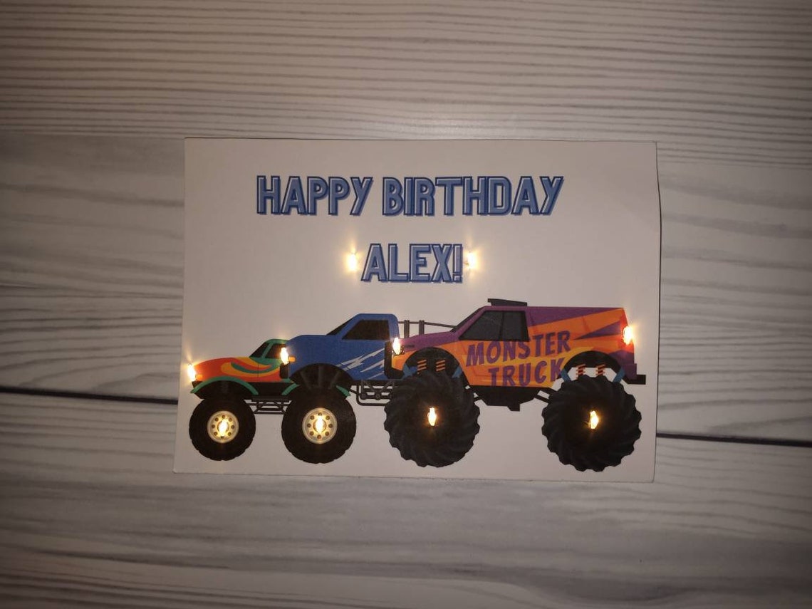 Personalize Monster Truck Happy Birthday Light up LED Card for Son ...