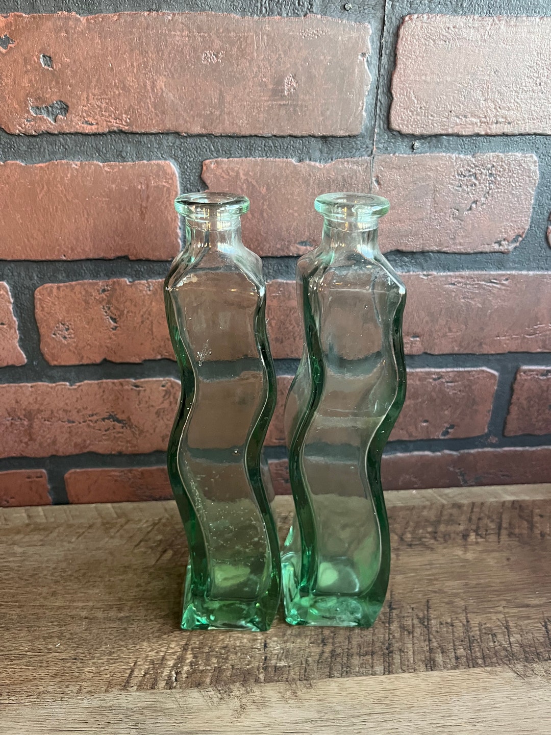Vintage Squiggle Curved Glass Bottles Vases Green Tint Made in Spain ...