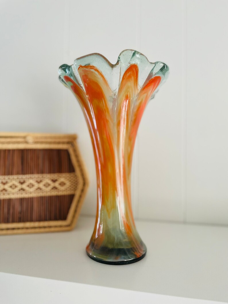 Art Glass Murano Vase, Orange Trumpet Swung Vase - Etsy