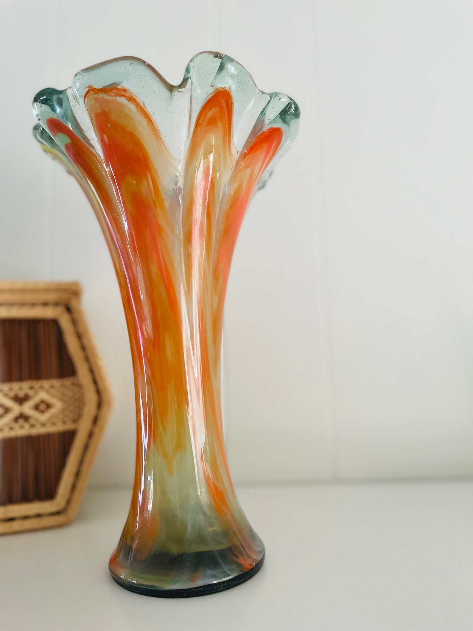 Art Glass Murano Vase, Orange Trumpet Swung Vase - Etsy