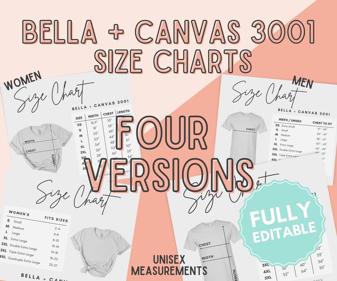 EDITABLE Bella Canvas 3001 Size Chart Bundle, Customizable in Canva, T ...