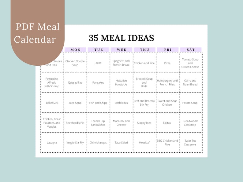 35 Meal Ideas | Dinner Calendar | Dinner Ideas | Meal Calendar | Meal ...