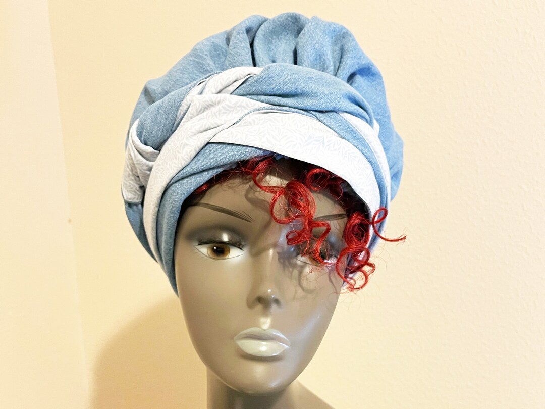 Handcrafted Denim Bonnet Headwrap, Satin-lined Upcycled Denim Headwrap ...