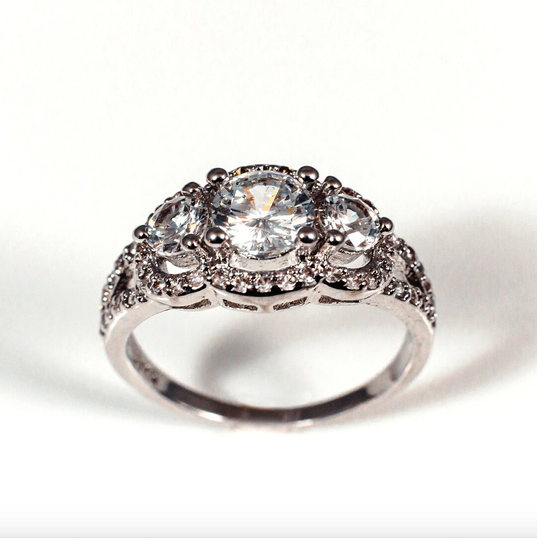 Three Stone Cubic Zirconia Diamond Simulate Sterling Silver Wedding ...