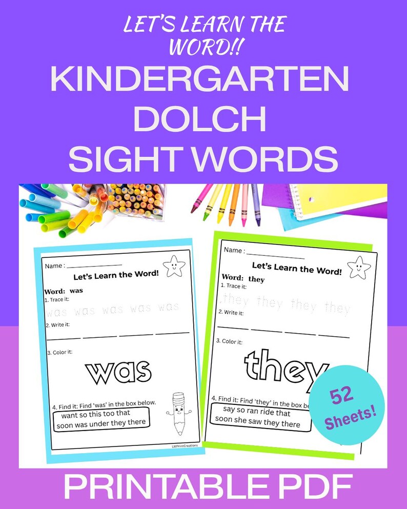 Let’s Learn the Word!! Kindergarten Sight Word Worksheets | 52 Dolch ...