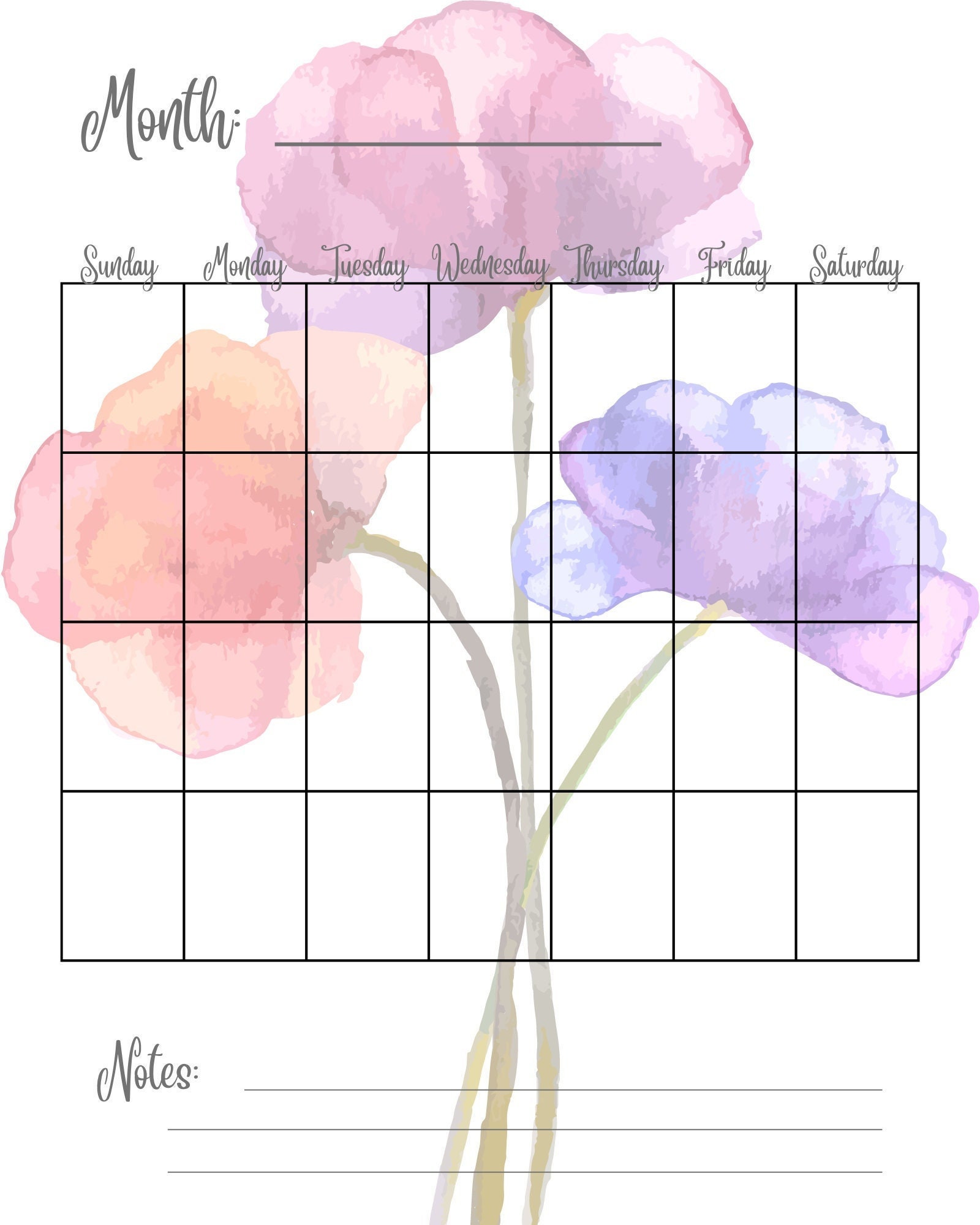 Printable Monthly Calendar - Etsy
