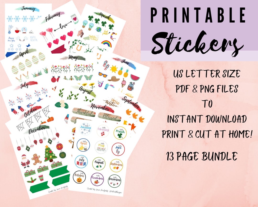 Calendar Printable Stickers, Monthly Calendar Stickers, Holiday ...