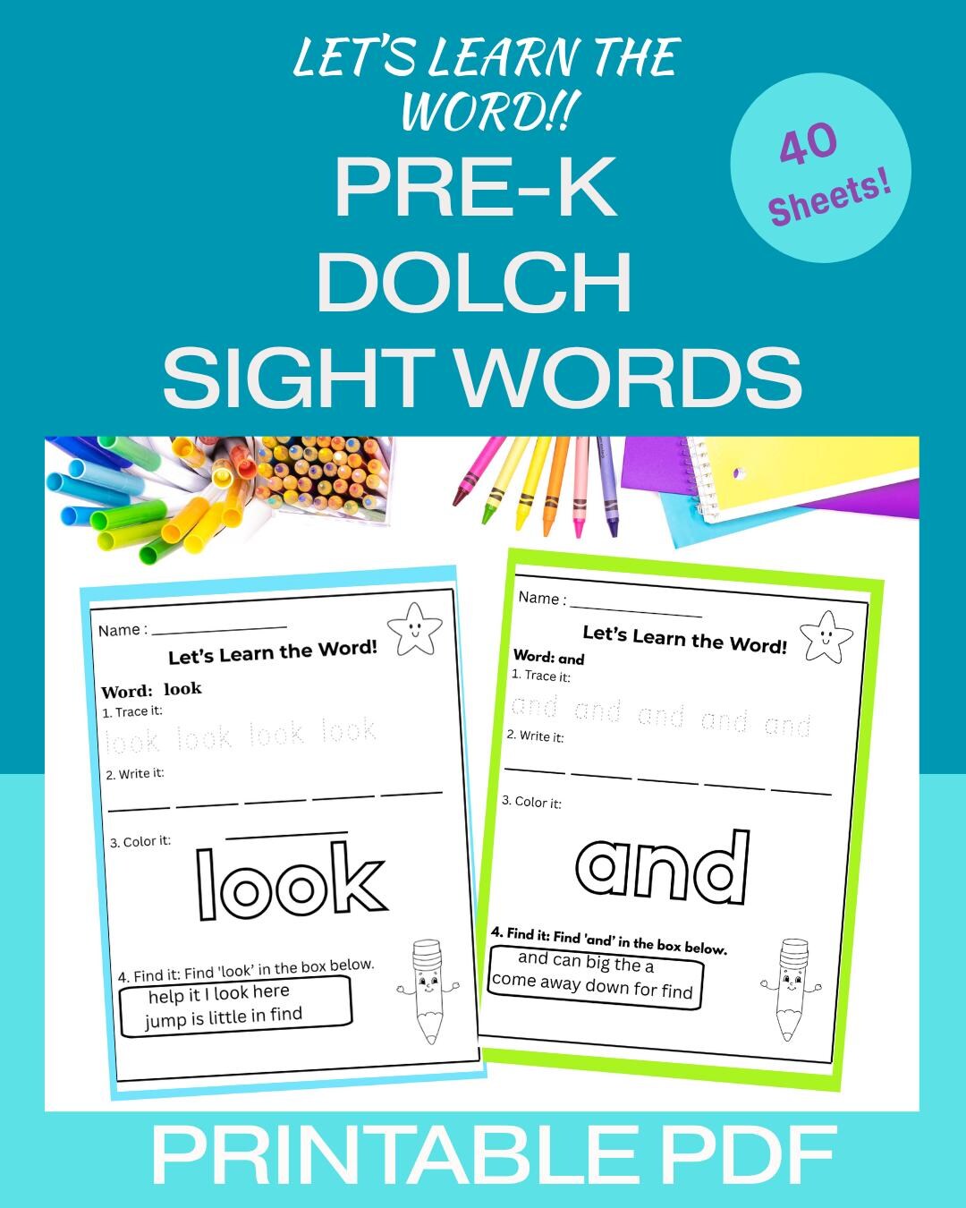 Let's Learn the Word!! Pre-k Sight Word Worksheets | 40 Dolch Pre ...
