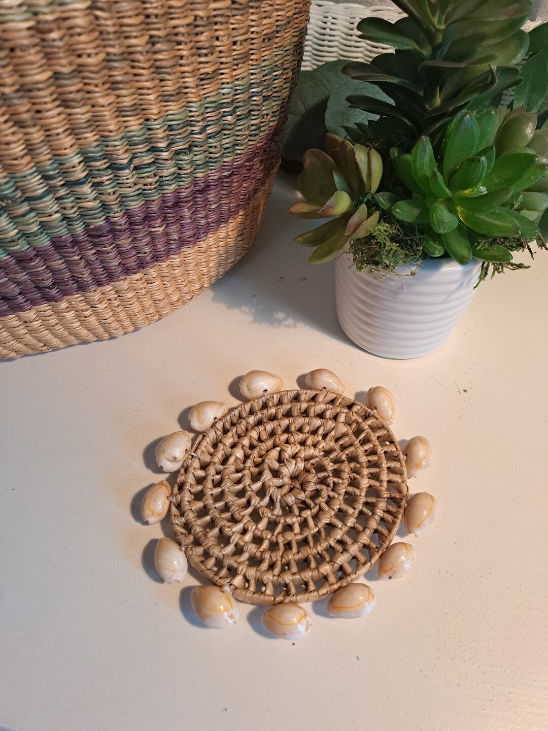 Boho / Vintage Cowrie Shell and Rattan Coaster / Trivet - Etsy