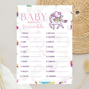 Baby Shower Word Scramble, Baby Shower Game With Answer Key, Unicorn ...