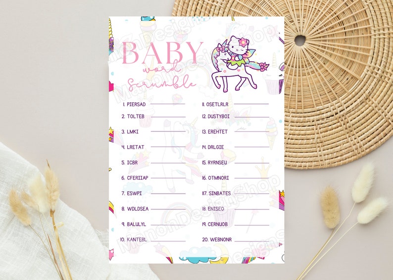 Baby Shower Word Scramble, Baby Shower Game With Answer Key, Unicorn ...