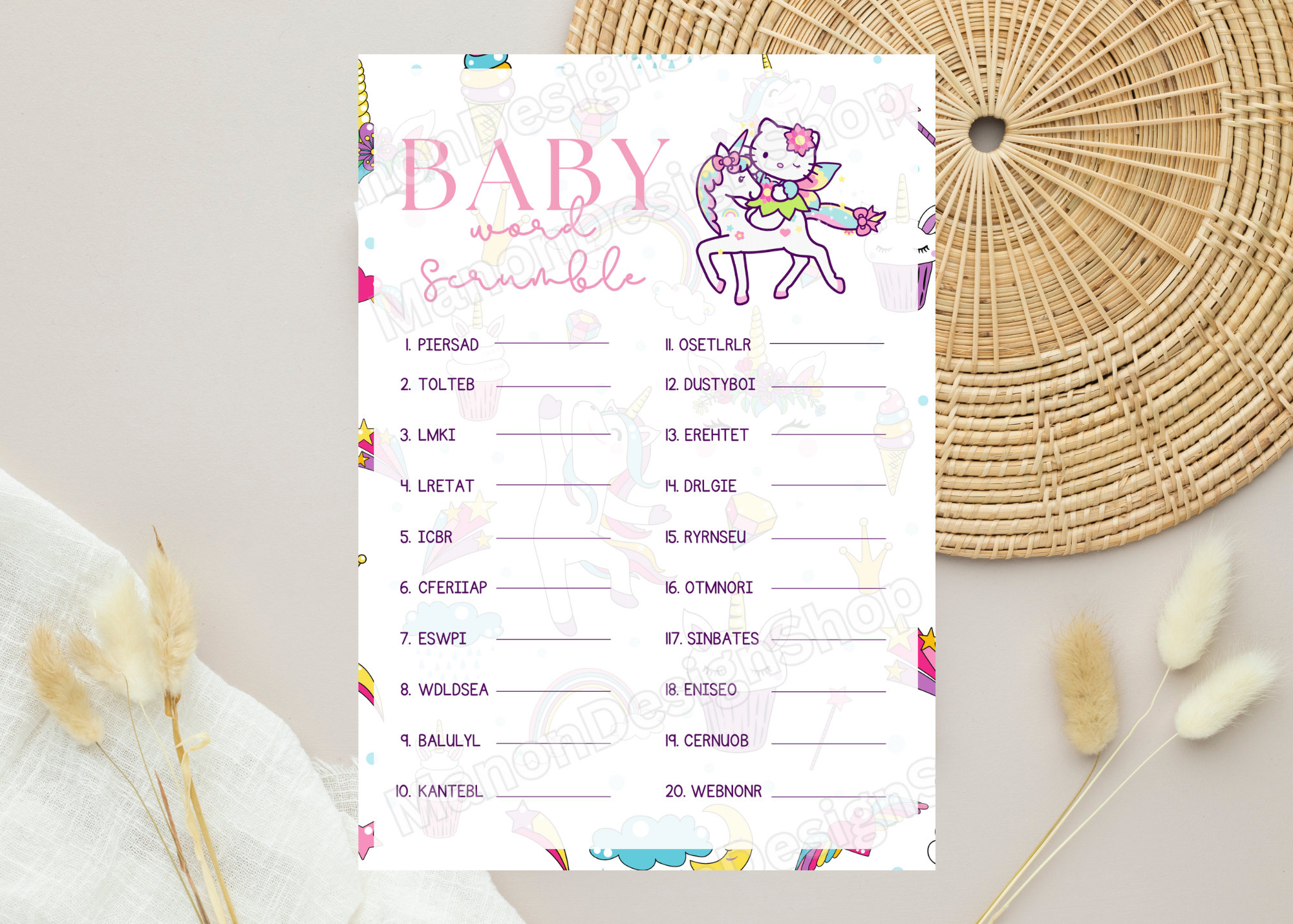 Baby Shower Word Scramble, Baby Shower Game With Answer Key, Unicorn ...