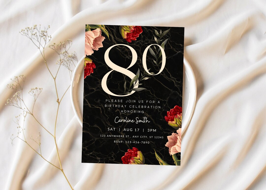 Editable 80th Birthday Invitation, ANY AGE Birthday Invite, Elegant ...