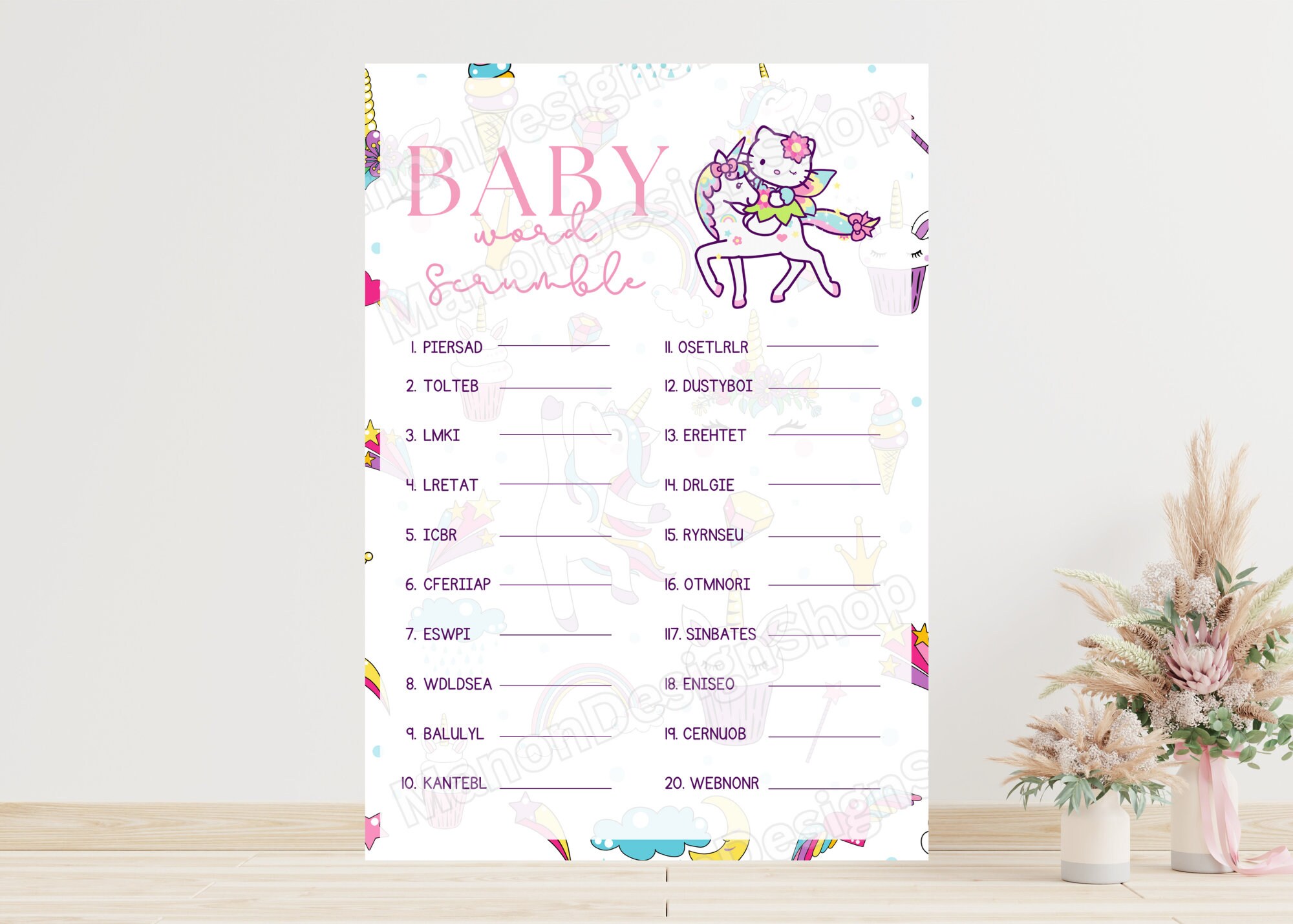 Baby Shower Word Scramble, Baby Shower Game With Answer Key, Unicorn ...