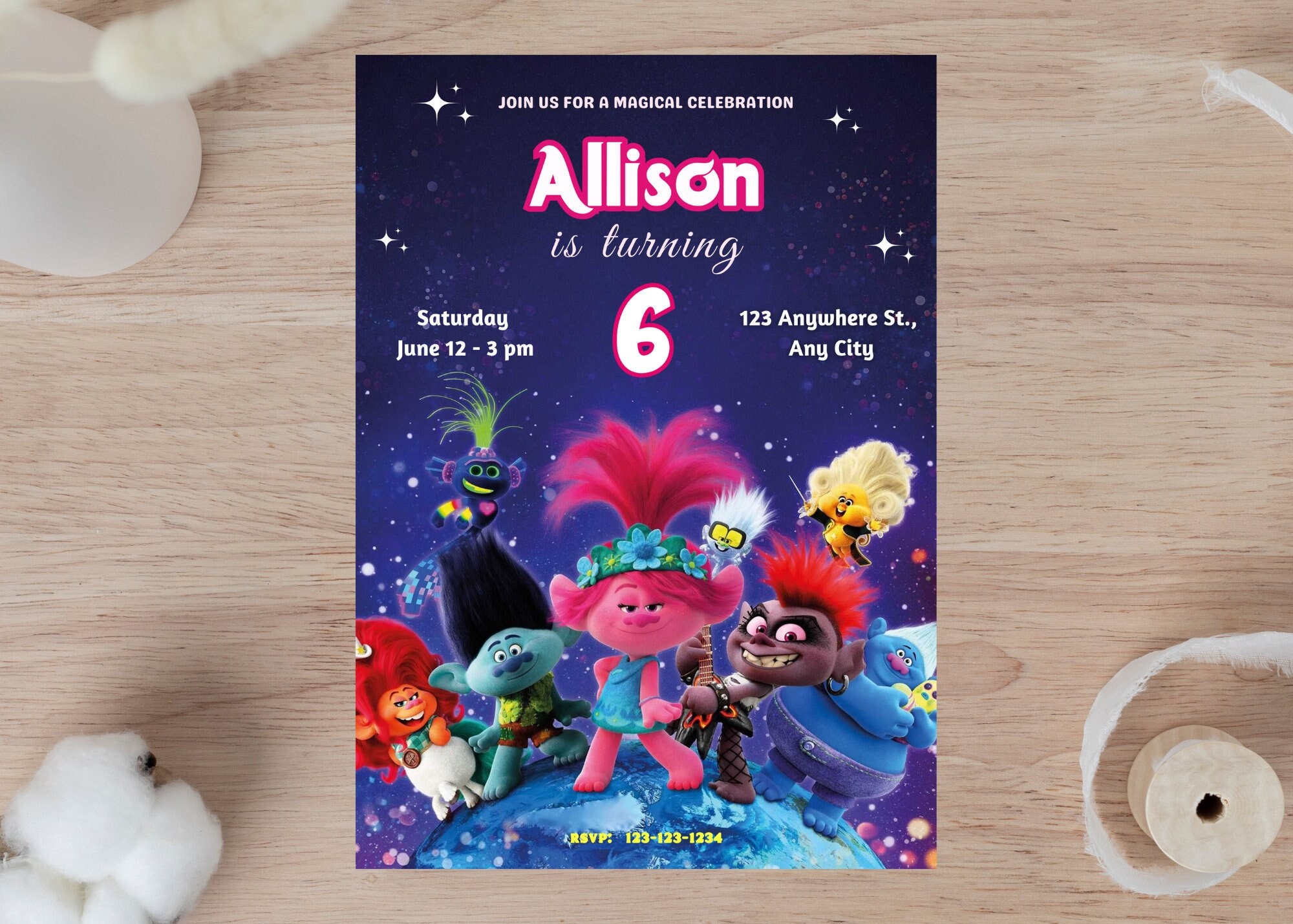 Trolls Birthday Invitation, Trolls Digital Birthday Template, Kids ...