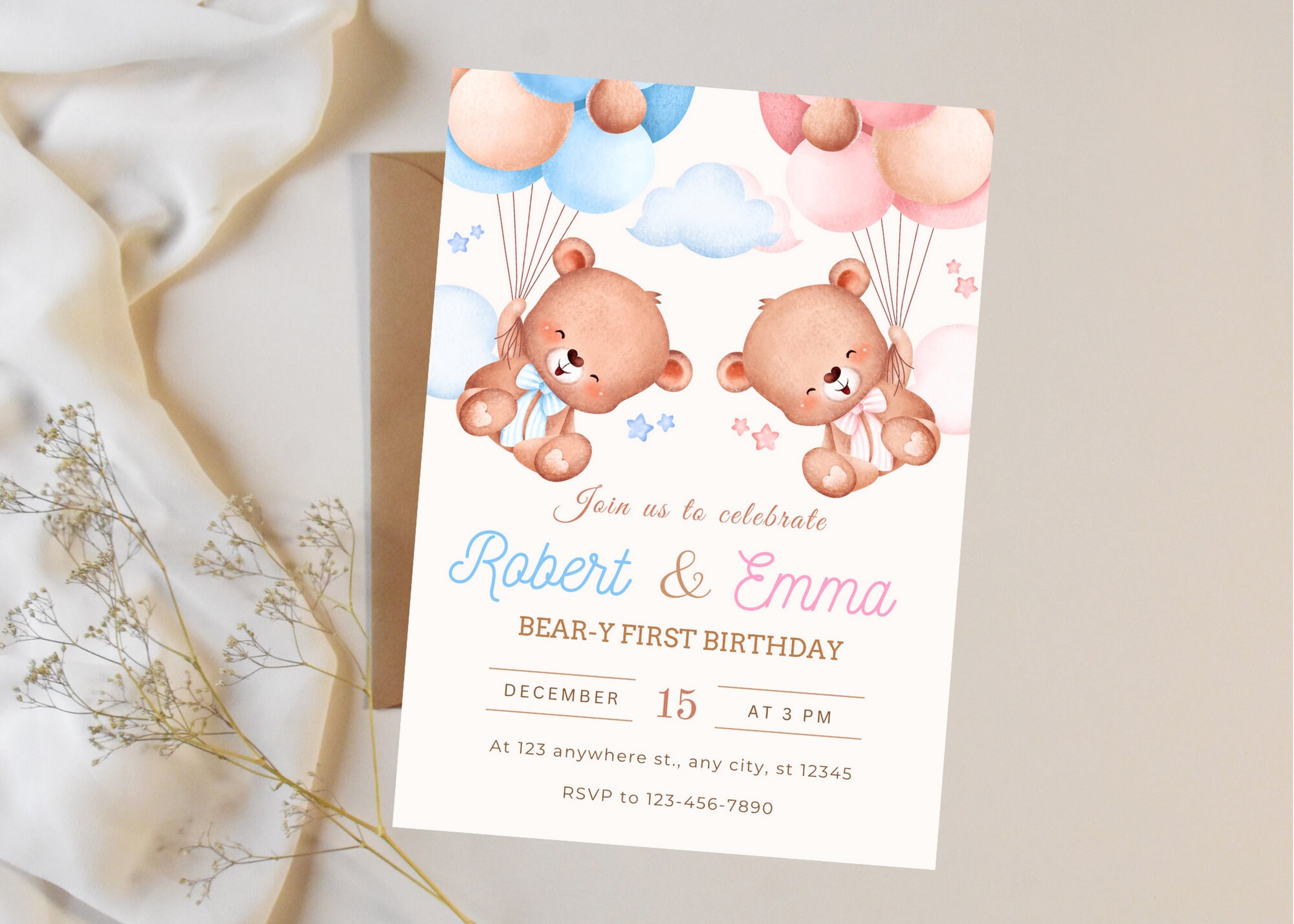 Editable Twins First Birthday Invitation Digital Teddy Bear - Etsy