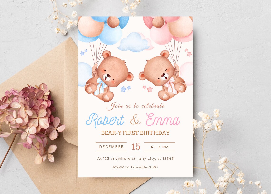 Editable Twins First Birthday Invitation Digital Teddy Bear - Etsy