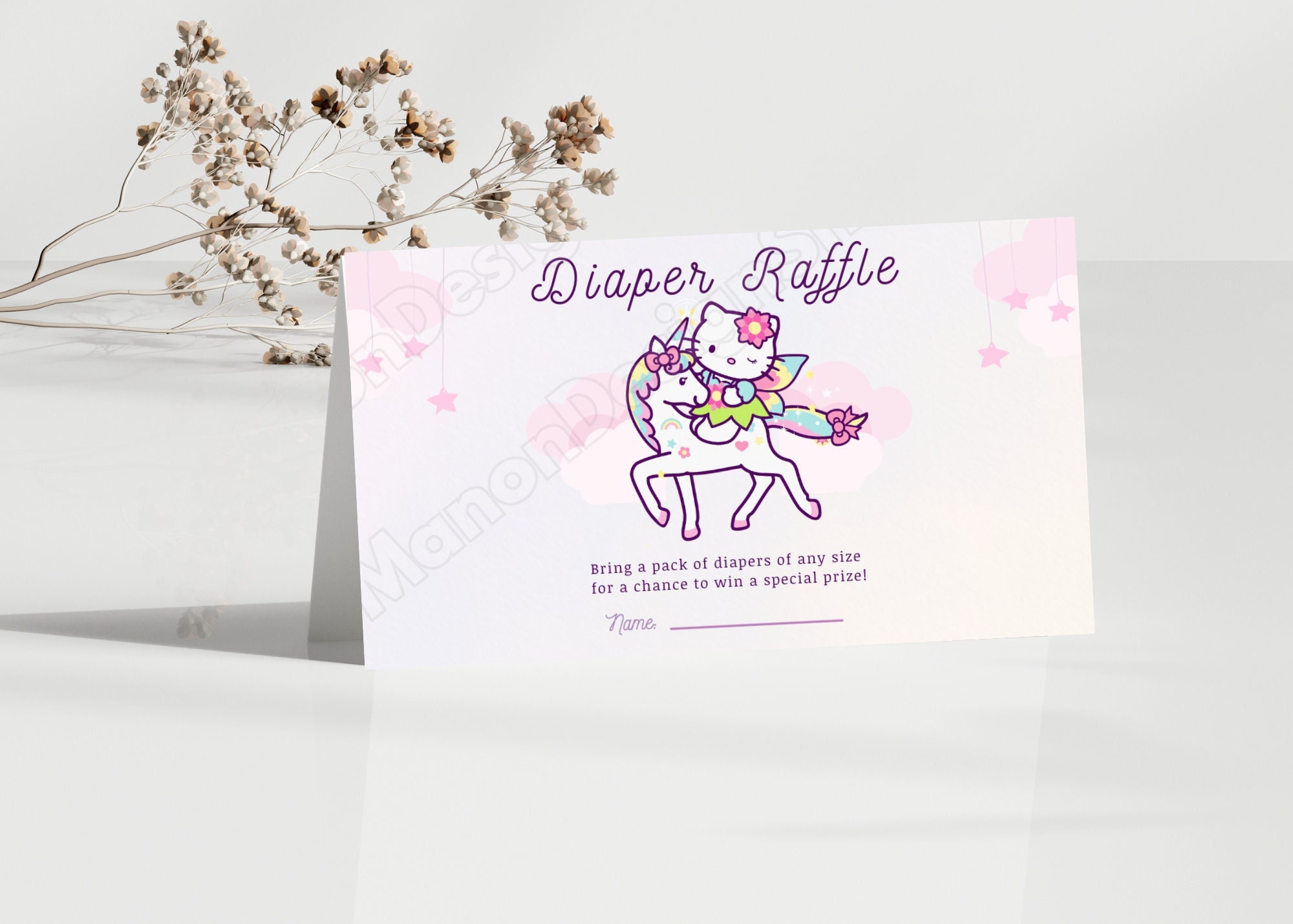 Kitty Diaper Raffle Card, Baby Shower Card, Pink Unicorn Baby Shower ...
