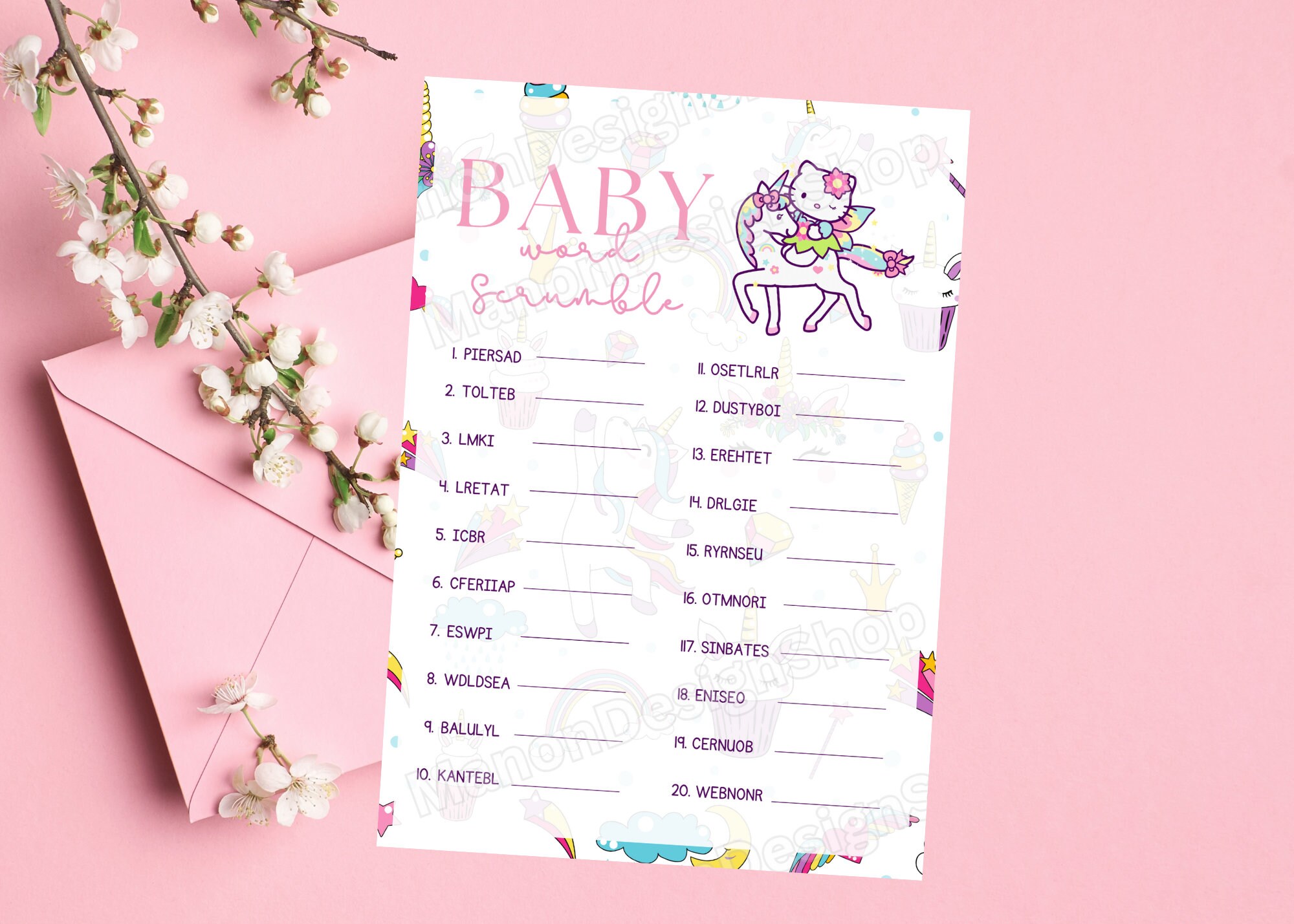 Baby Shower Word Scramble, Baby Shower Game With Answer Key, Unicorn ...