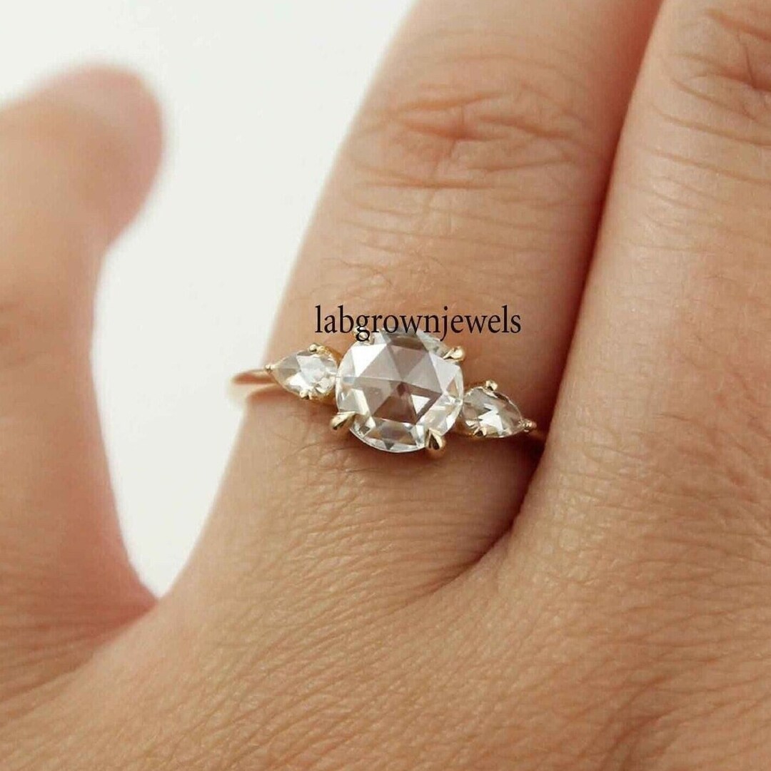 Round Rose Cut Engagement Ring 1.81 Ct Rose Cut Moissanite Ring Three ...