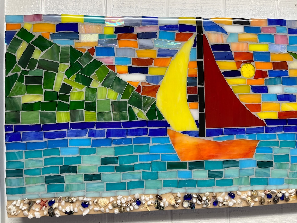 Seashell Mosaic Art: Sunset Sailboat, Stained Glass Coastal Decor - Etsy