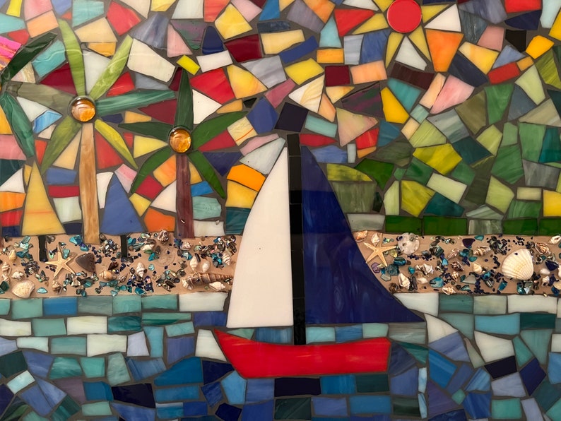 Sailboat Mosaic Art: Tropical Island Resin Coastal Decor (18x24) - Etsy