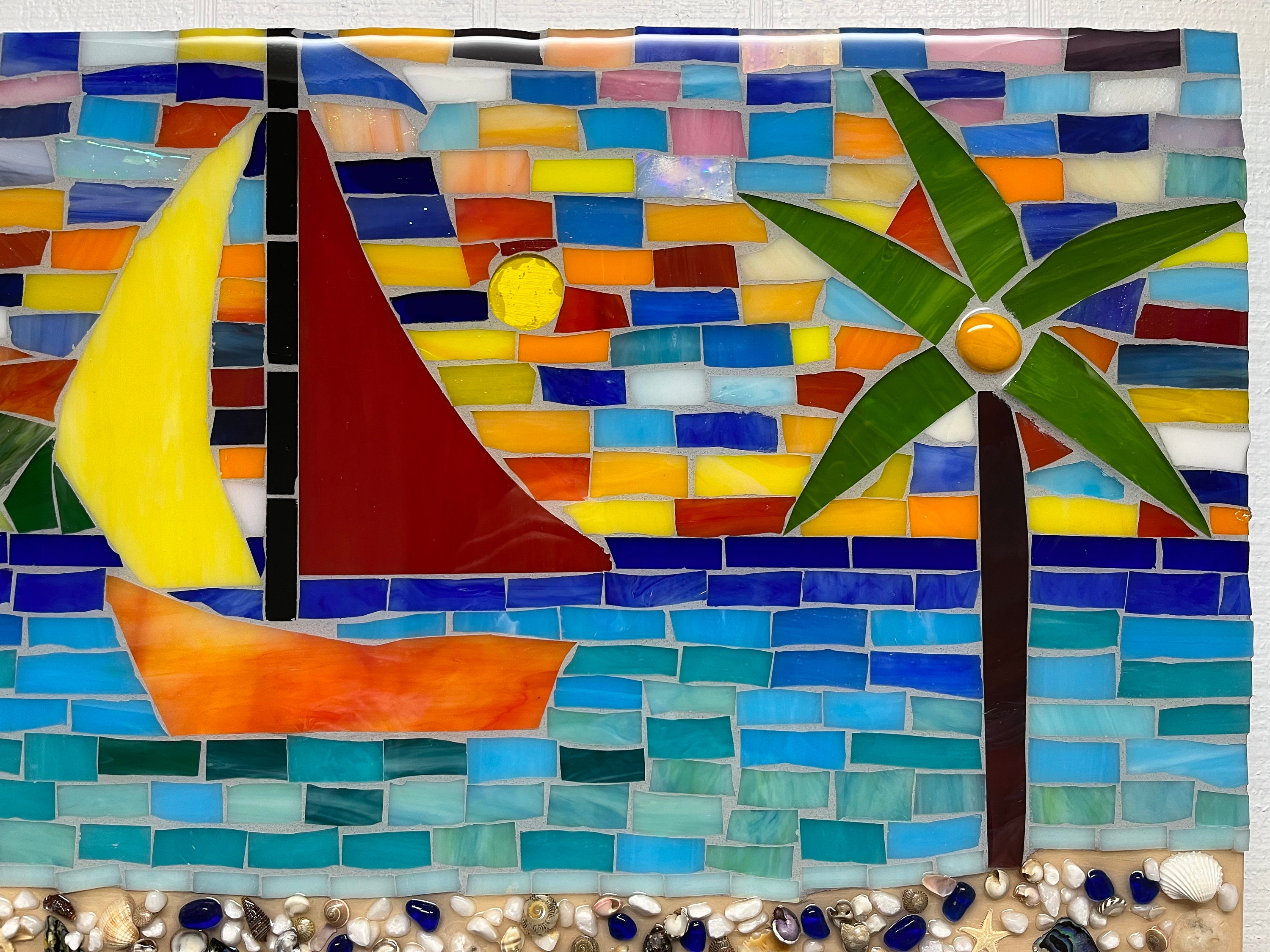 Seashell Mosaic Art: Sunset Sailboat, Stained Glass Coastal Decor - Etsy