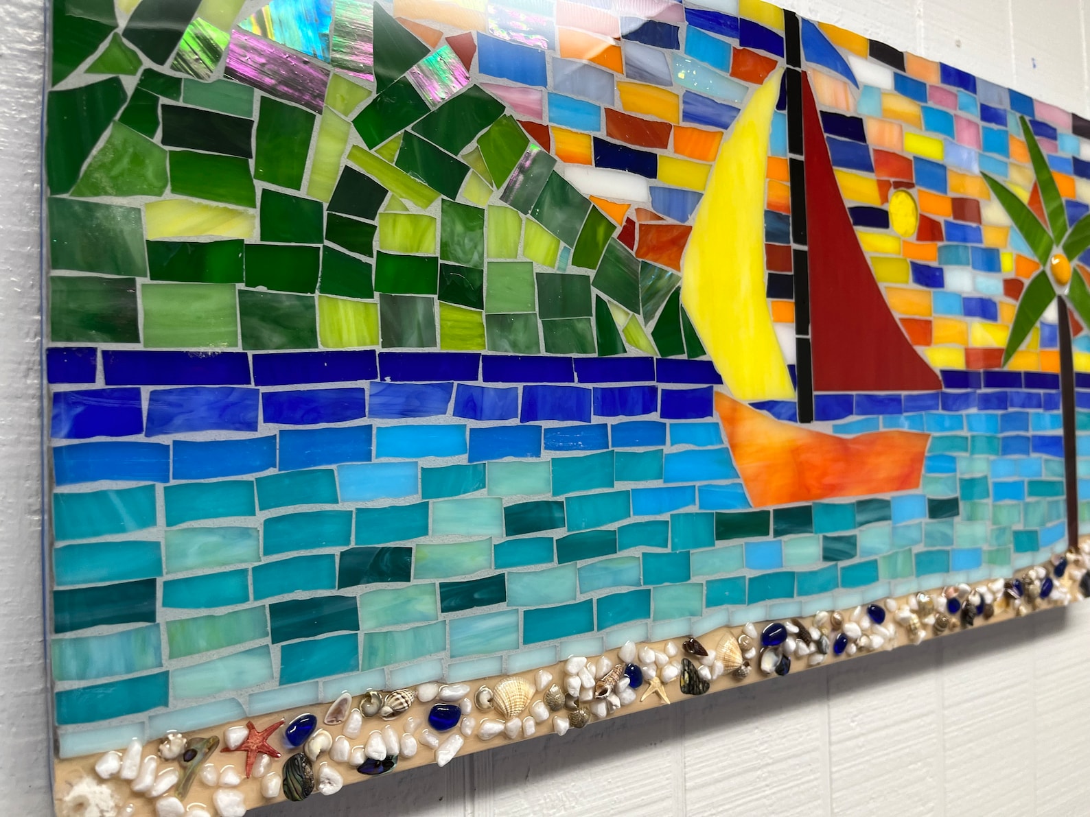 Seashell Mosaic Art: Sunset Sailboat, Stained Glass Coastal Decor - Etsy