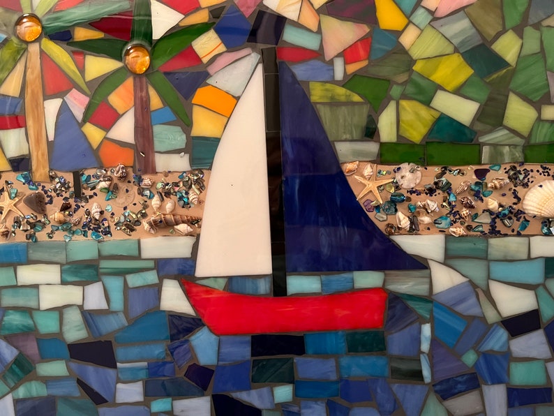 Sailboat Mosaic Art: Tropical Island Resin Coastal Decor (18x24) - Etsy