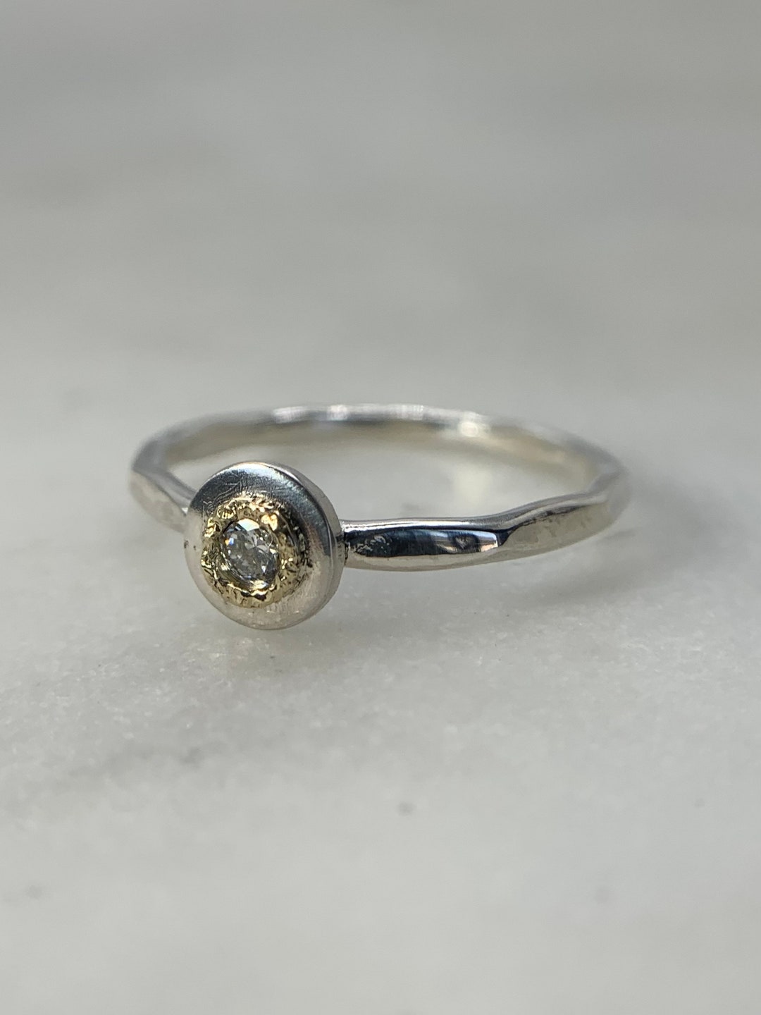 Silver and Gold Ring, Dainty Diamond Ring, Smooth Silver Ring, Stacking ...