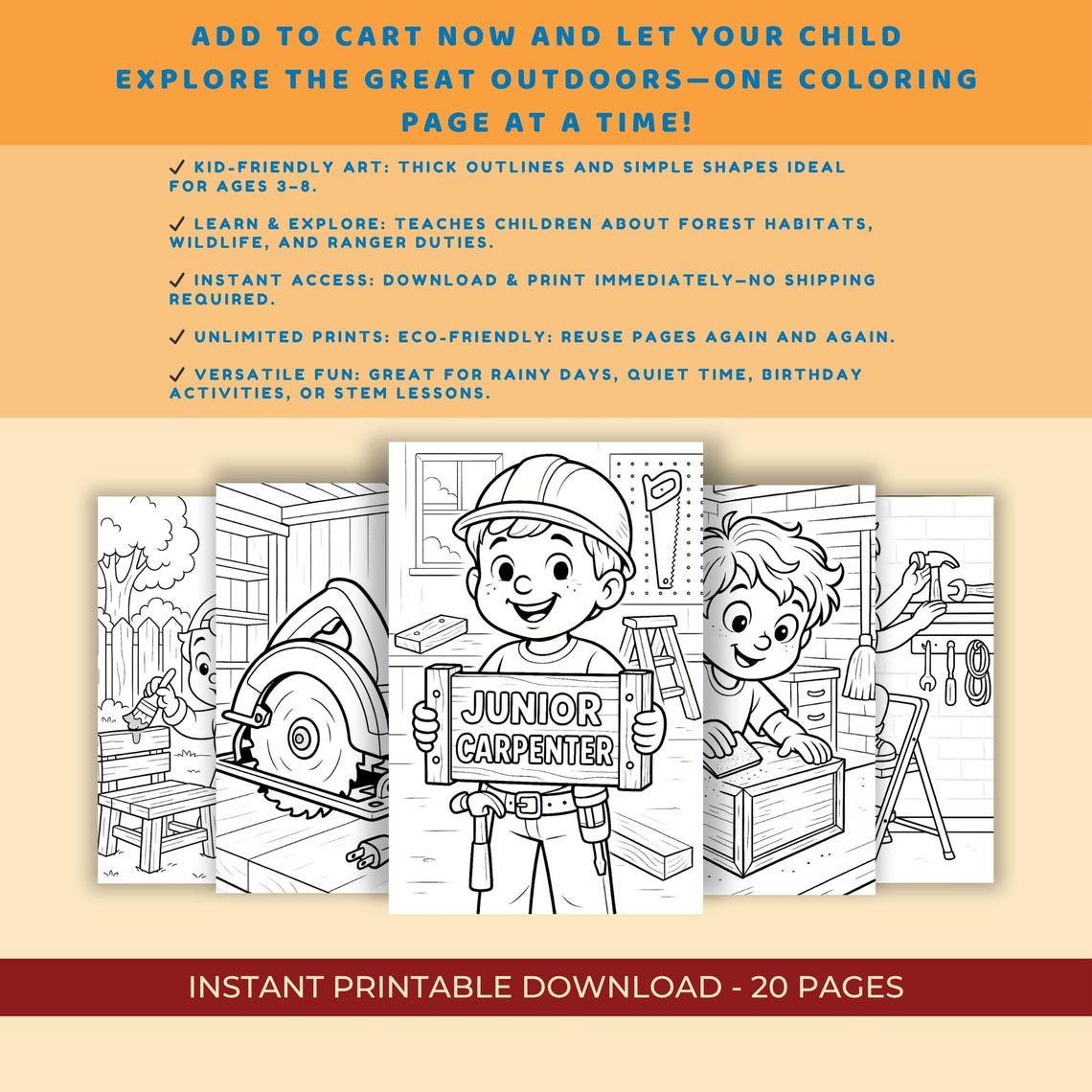 Carpenter Coloring Book for Kids – 20 Printable Pages, STEM Trades ...