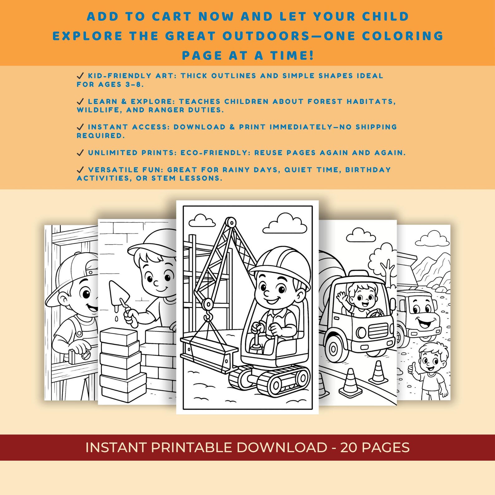 Construction Worker Coloring Book for Kids – 20 Printable Pages, STEM ...