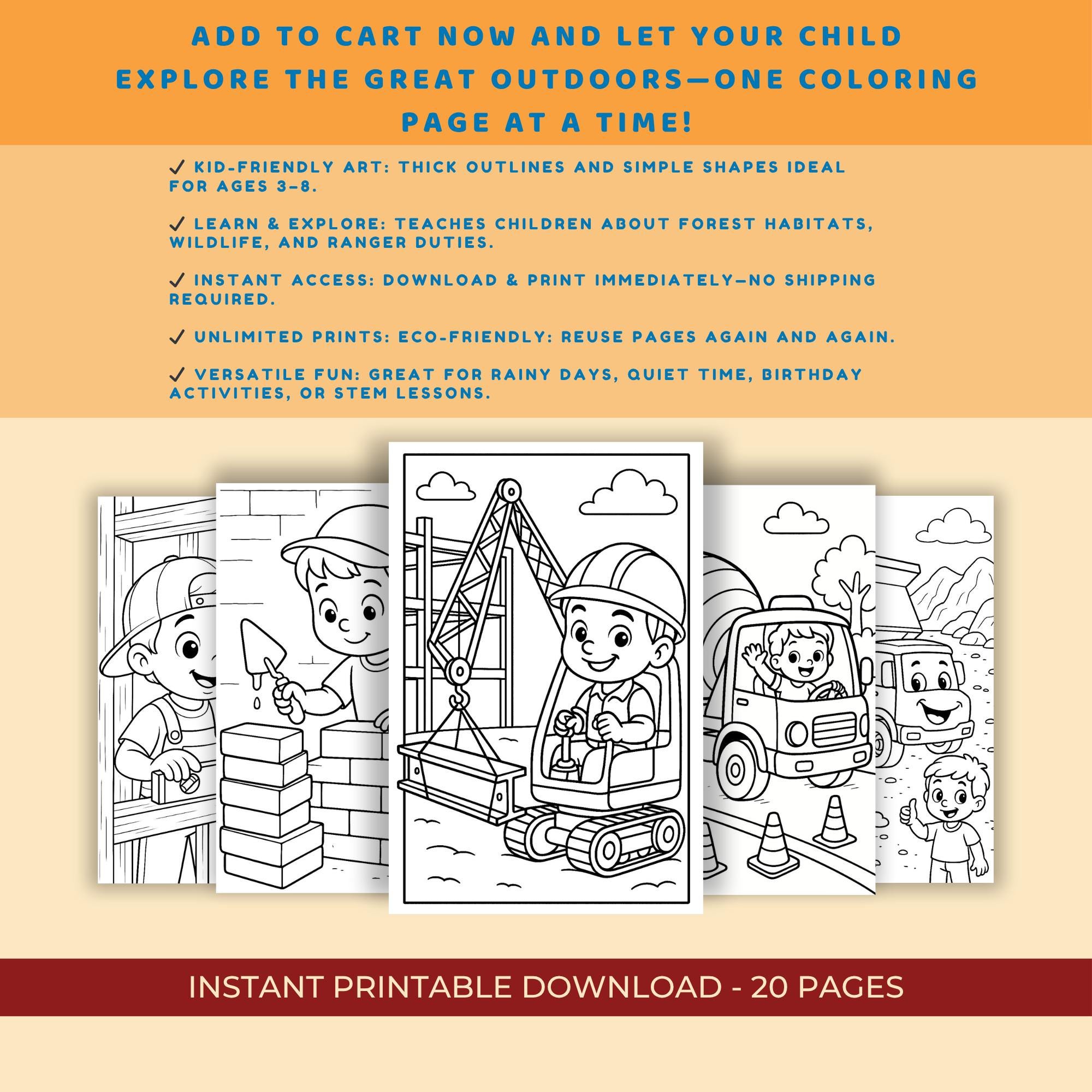 Construction Worker Coloring Book – 20 Page STEM Activity (PDF Pattern ...