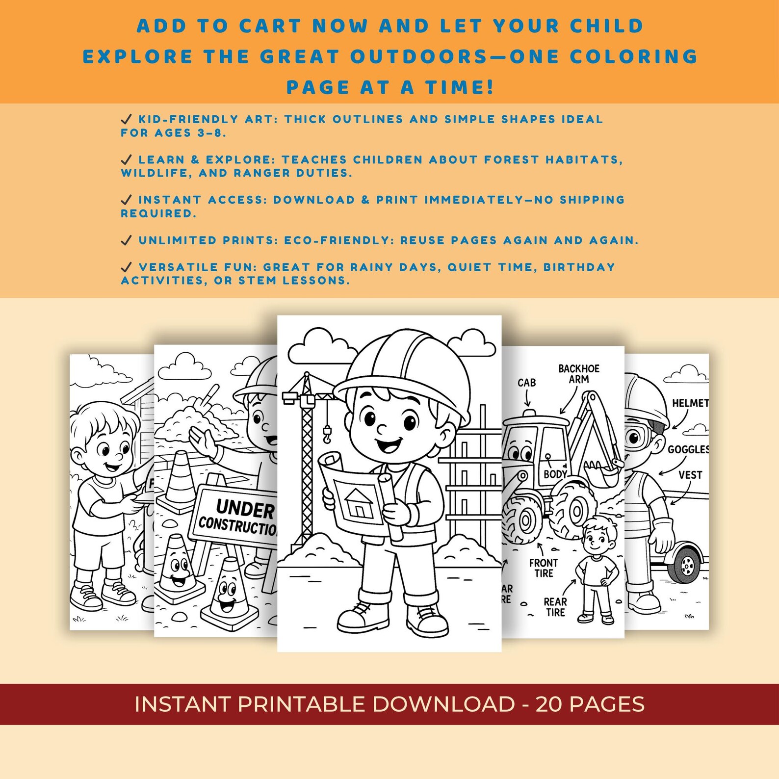 Construction Worker Coloring Book for Kids – 20 Printable Pages, STEM ...