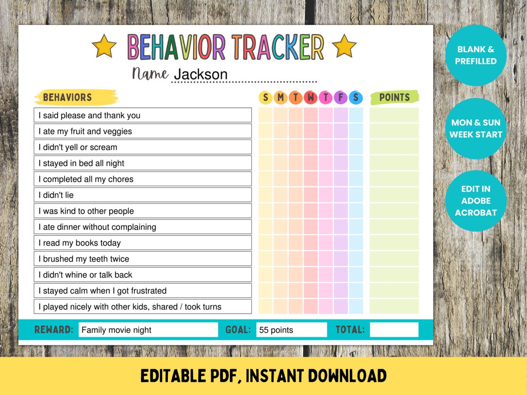Behavior Chart for Kids, Behavior Reward Chart, Good Behavior Chart ...
