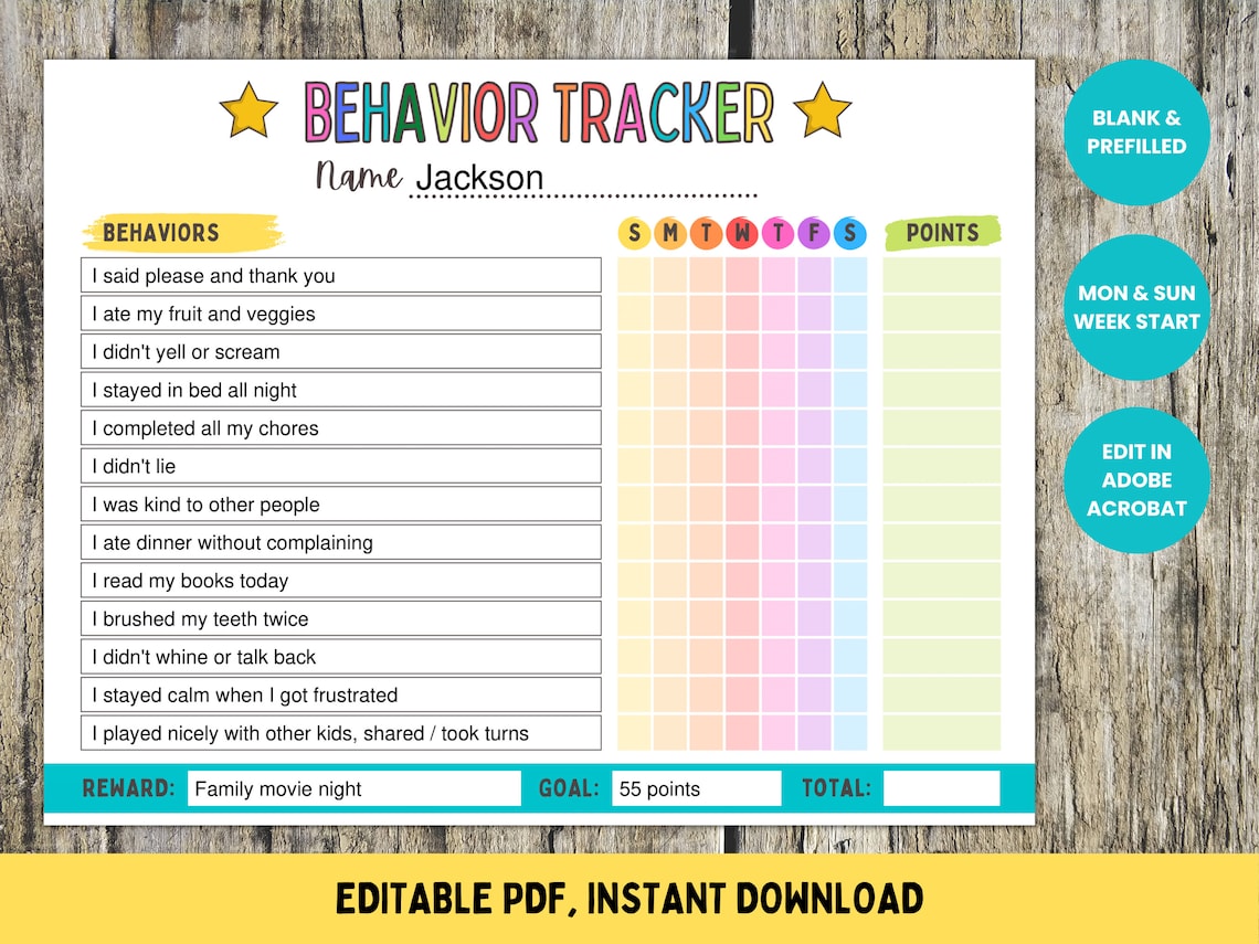 Kids Behavior Chart: Editable Reward Tracker (digital PDF) - Etsy