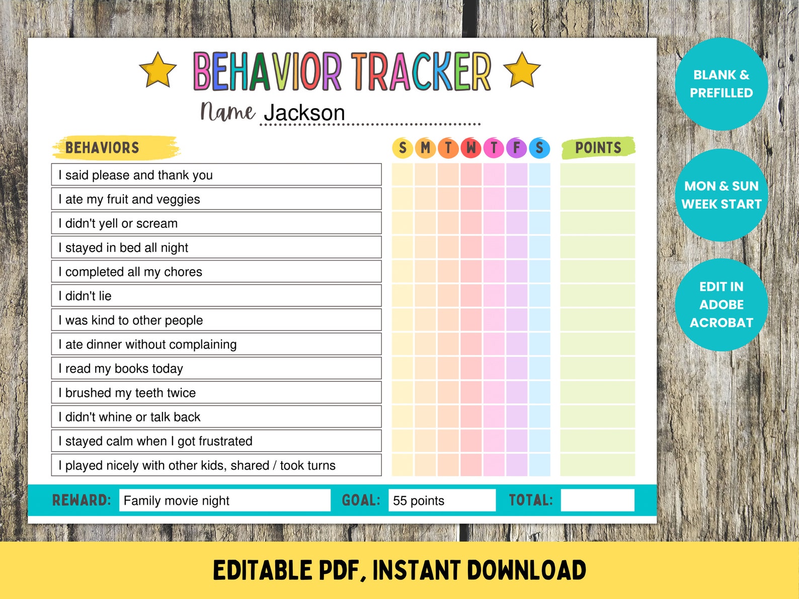 Behavior Chart for Kids, Behavior Reward Chart, Good Behavior Chart ...