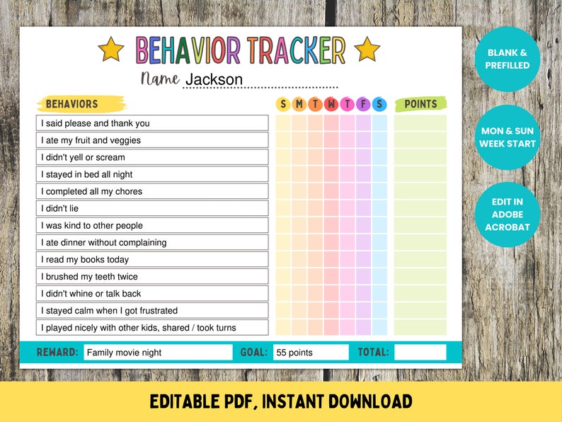 Kids Behavior Chart: Editable Reward Tracker (digital PDF) - Etsy