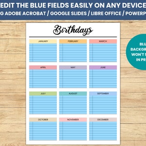 Editable Birthday Tracker, Printable Birthday List, Birthday Reminder ...