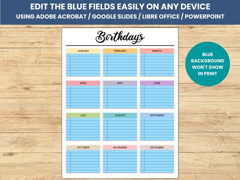 Editable Birthday Tracker Printable Birthday List Birthday - Etsy