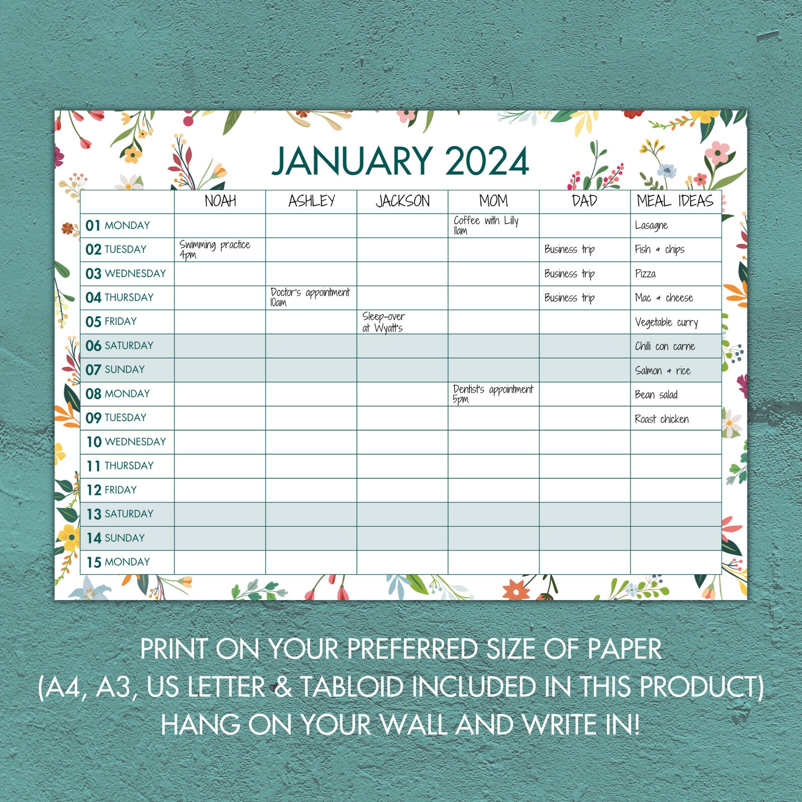 2024 Calendar, Printable Monthly Family Planner, 2024 Wall Calendar ...