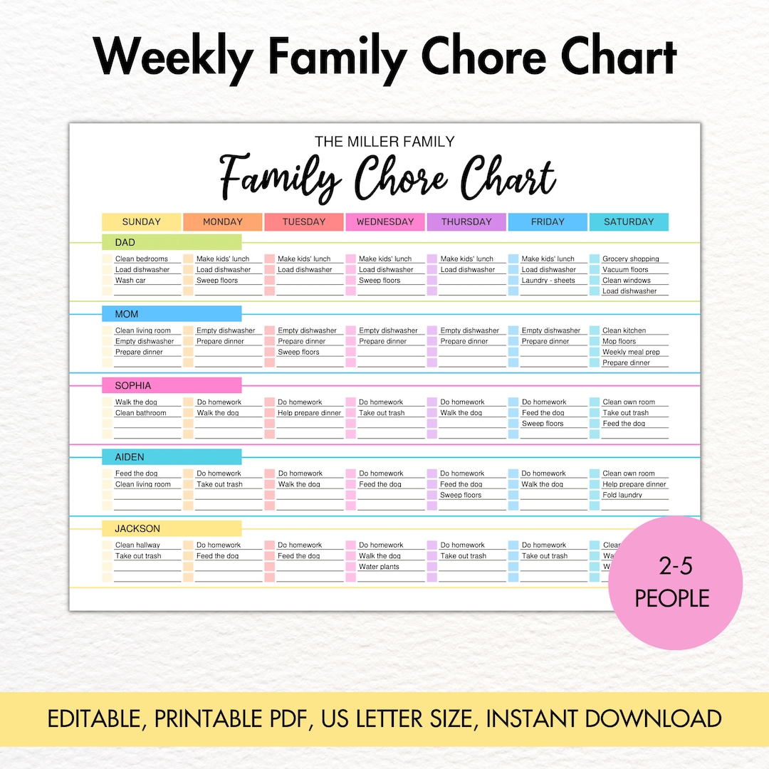 Family Chore Chart: Editable Weekly Planner (printable PDF) - Etsy
