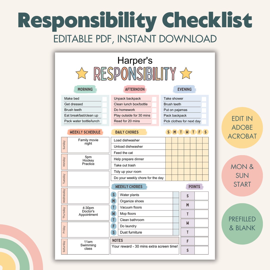 Editable Kids Chore Chart: Daily & Weekly Responsibility Checklist (PDF ...
