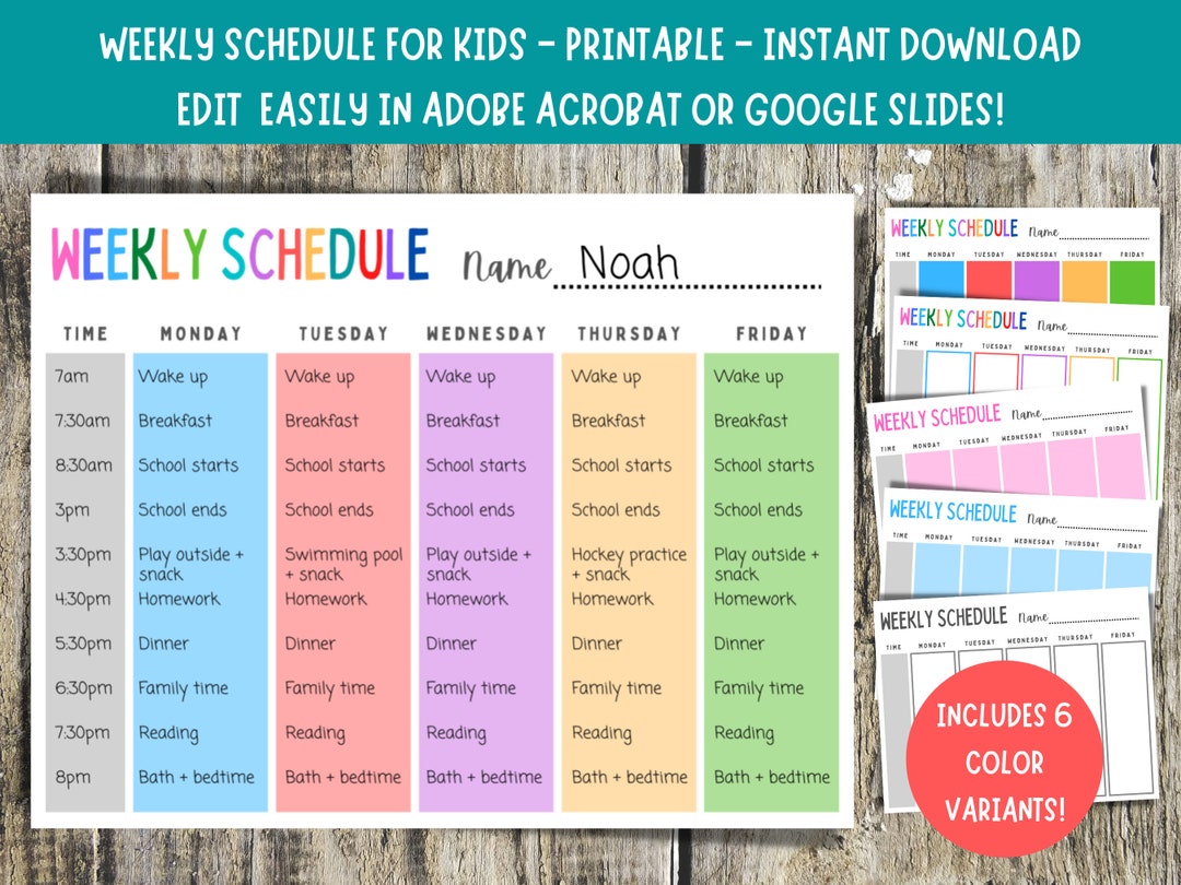 Kids Weekly Planner Printable, Kids Weekly Schedule, Editable Weekly ...