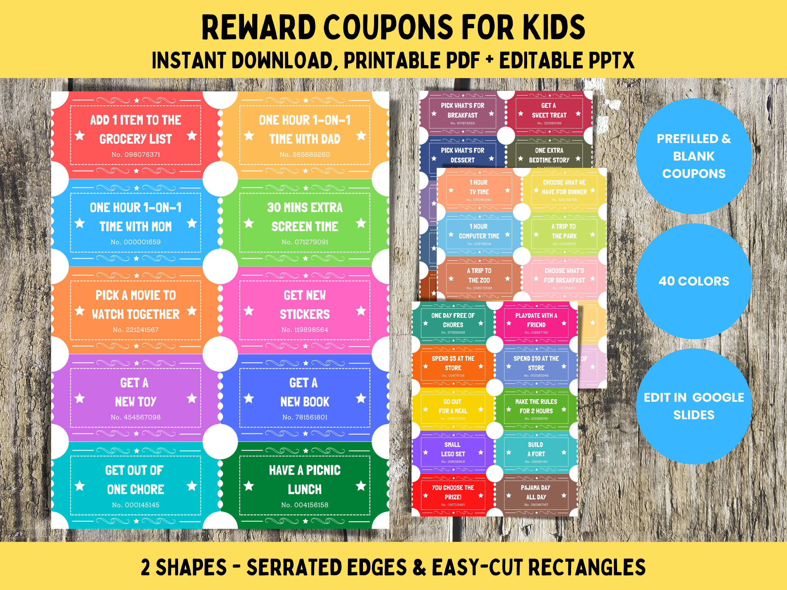 Reward Coupons for Kids, Printable Kids Reward Tickets, 40 Colors ...