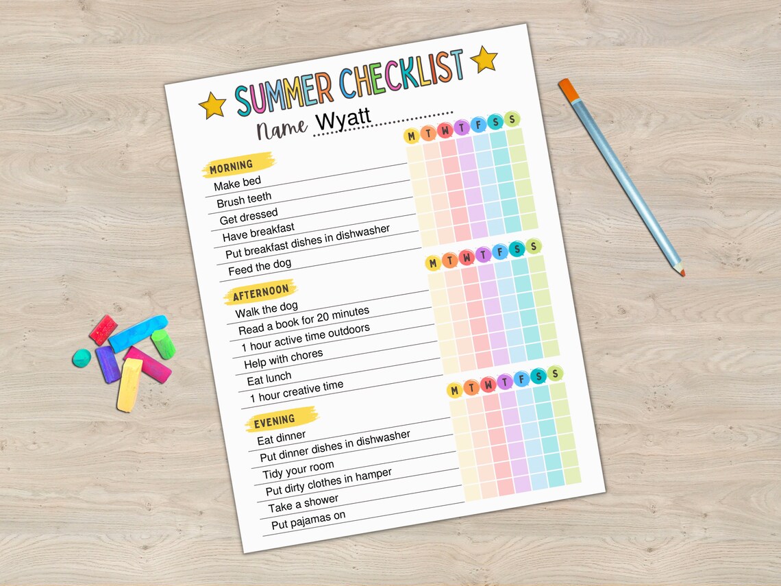 Printable Summer Checklist for Kids, Editable Kids Responsibility Chart ...